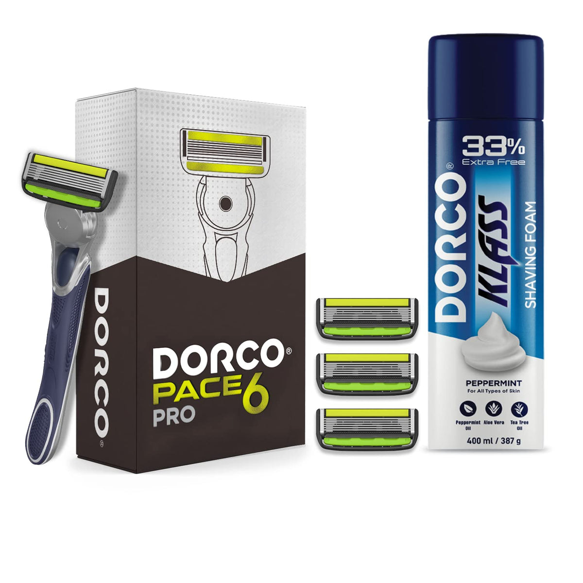 DORCO PACE 6 PRO+DORCO KLASS FOAM 400ML HANDLE WITH 4 CARTRIDGES ...